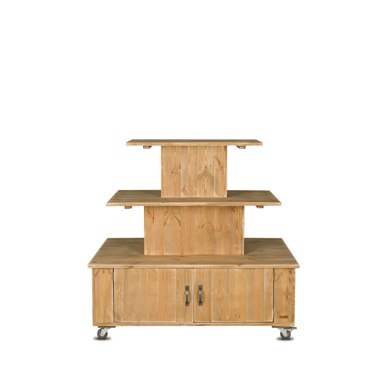 3-tier island display unit on wheels, Solid wood | TRADIS