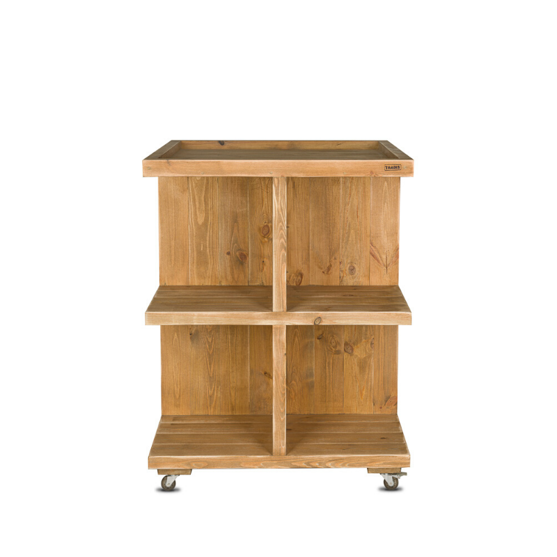 Island display unit on wheels, Solid wood | TRADIS
