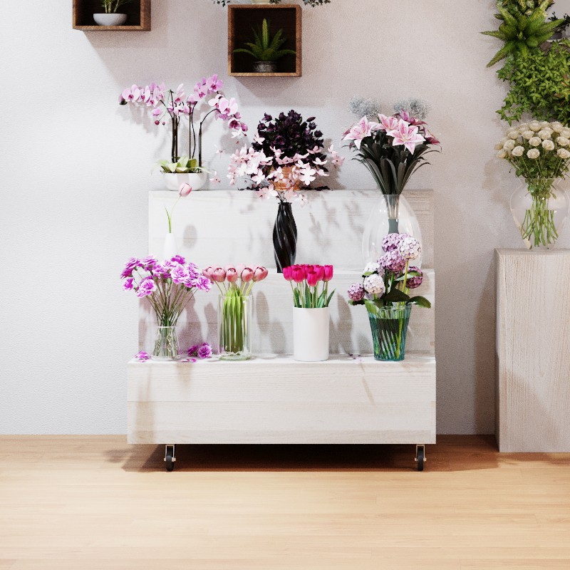 3-tier floral display rack on wheels, Solid wood | TRADIS