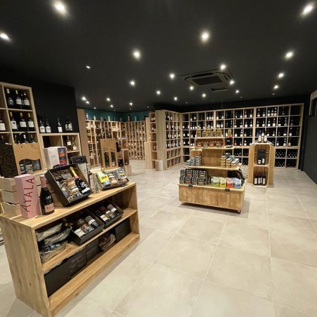 3-tier island display unit on wheels, Solid wood | TRADIS