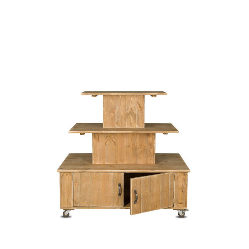 3-tier island display unit on wheels, Solid wood | TRADIS