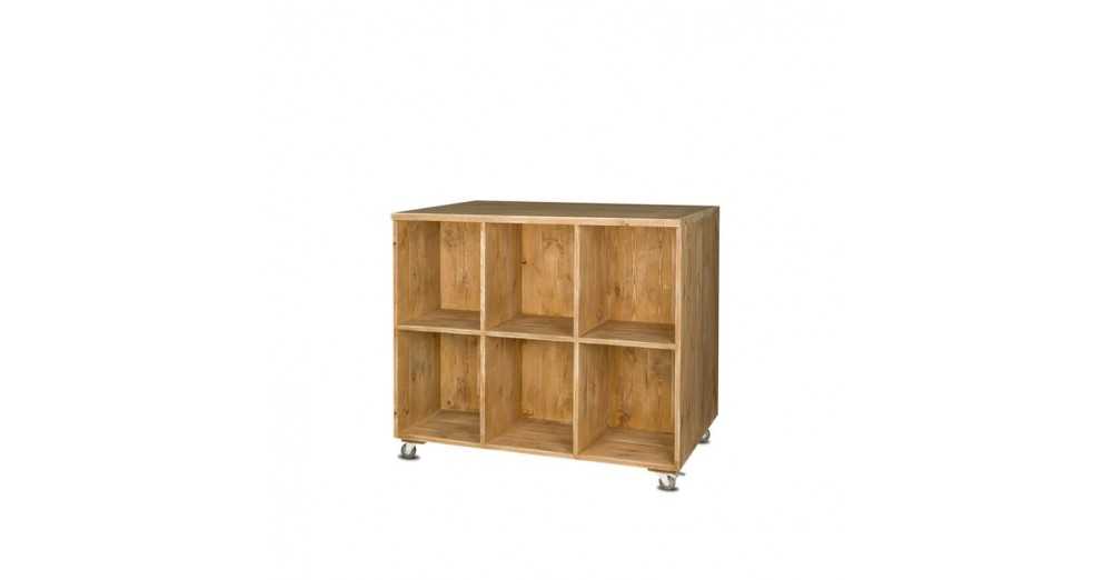 Double sided central display unit on wheels, solid wood | TRADIS